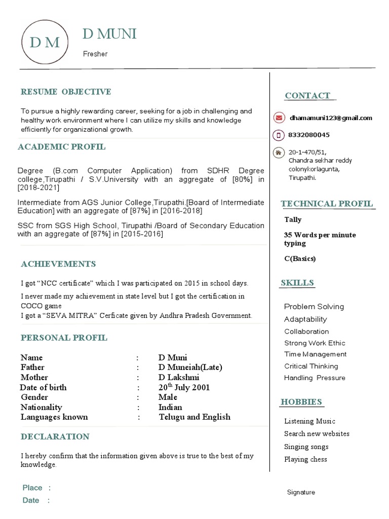 D Muni DM: Resume Objective Contact | PDF | Cognition