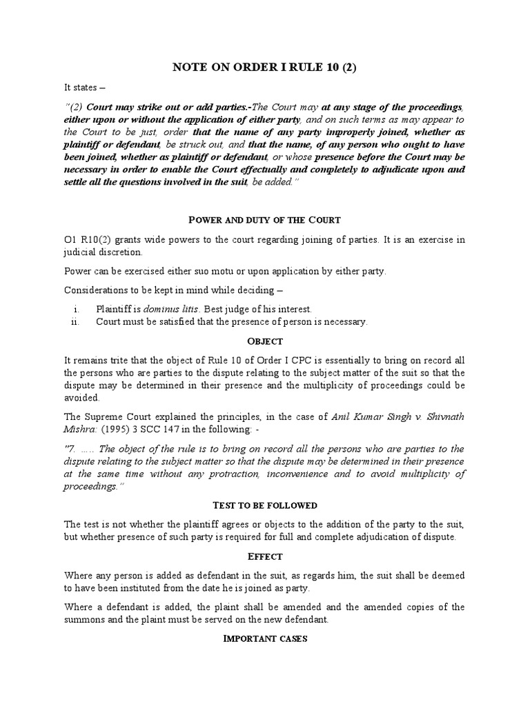 Order 1 Rule 10 | Download Free PDF | Lawsuit | Adjudication