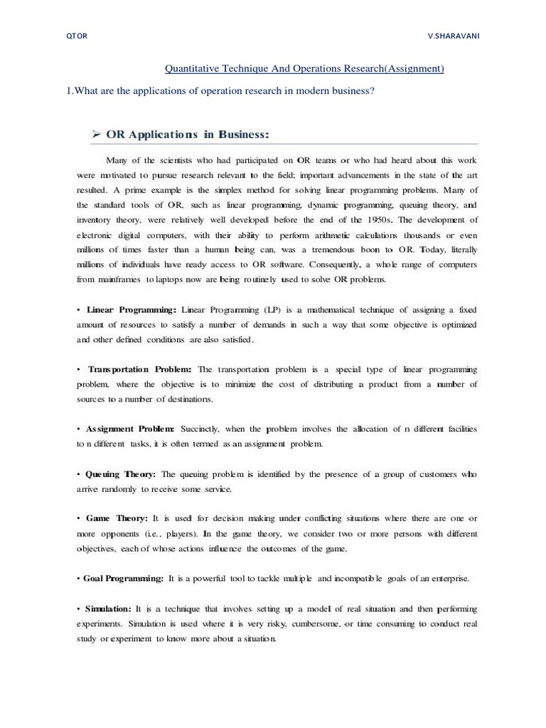 Quantitative Technique and Operations Research (Assignment) 1.what Are The Applications of ...