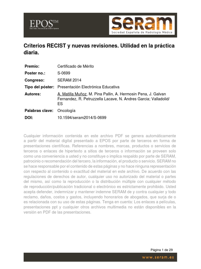 Criterios RECIST y nuevas revisiones. Utilidad en la práctica.SERAM2014 ...