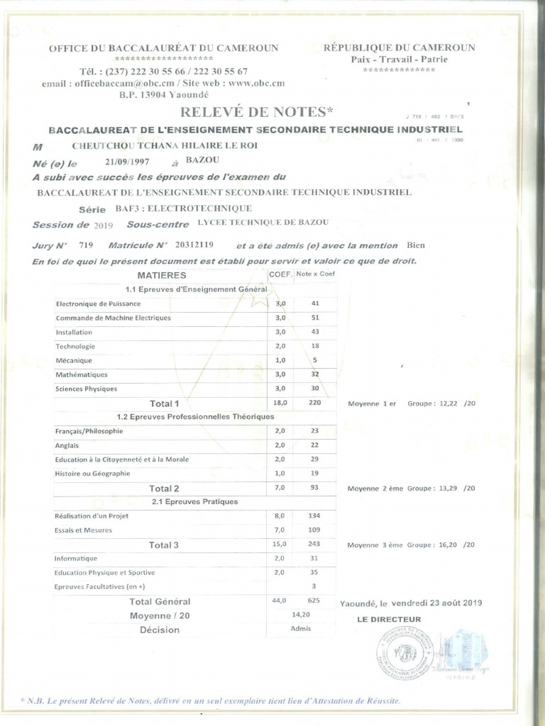 Relevé de Notes Baccalauréat | PDF