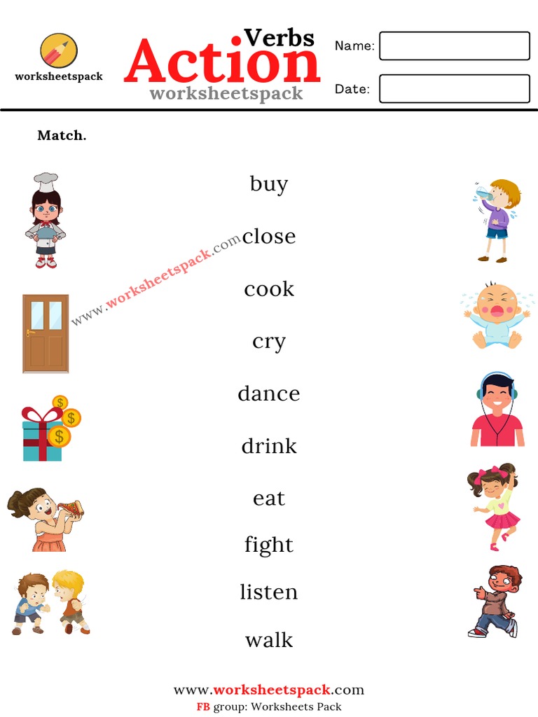 Action Verbs Matching Worksheets PDF | PDF