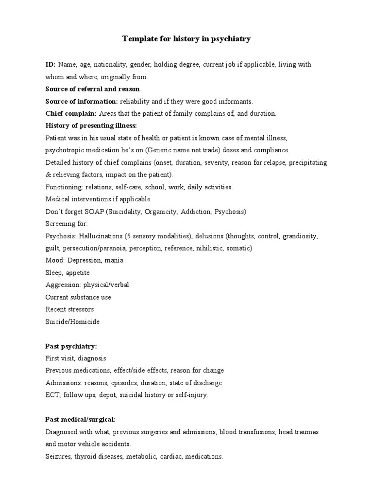 Template For History in Psychiatry | PDF | Mental Disorder | Psychosis