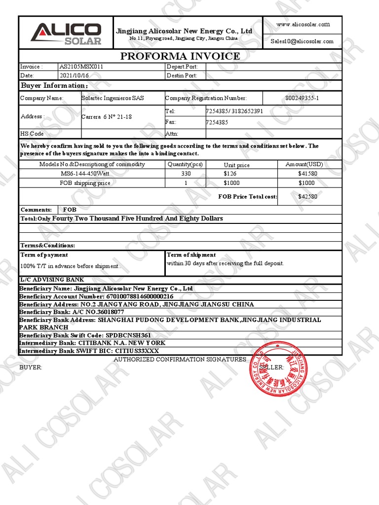 Alicosolar Proforma Invoice For AS450W | PDF | Financial Services | Banking