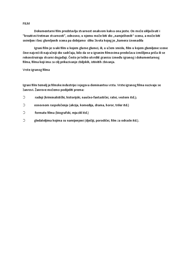 Film - Vrste Igranog Filma | PDF