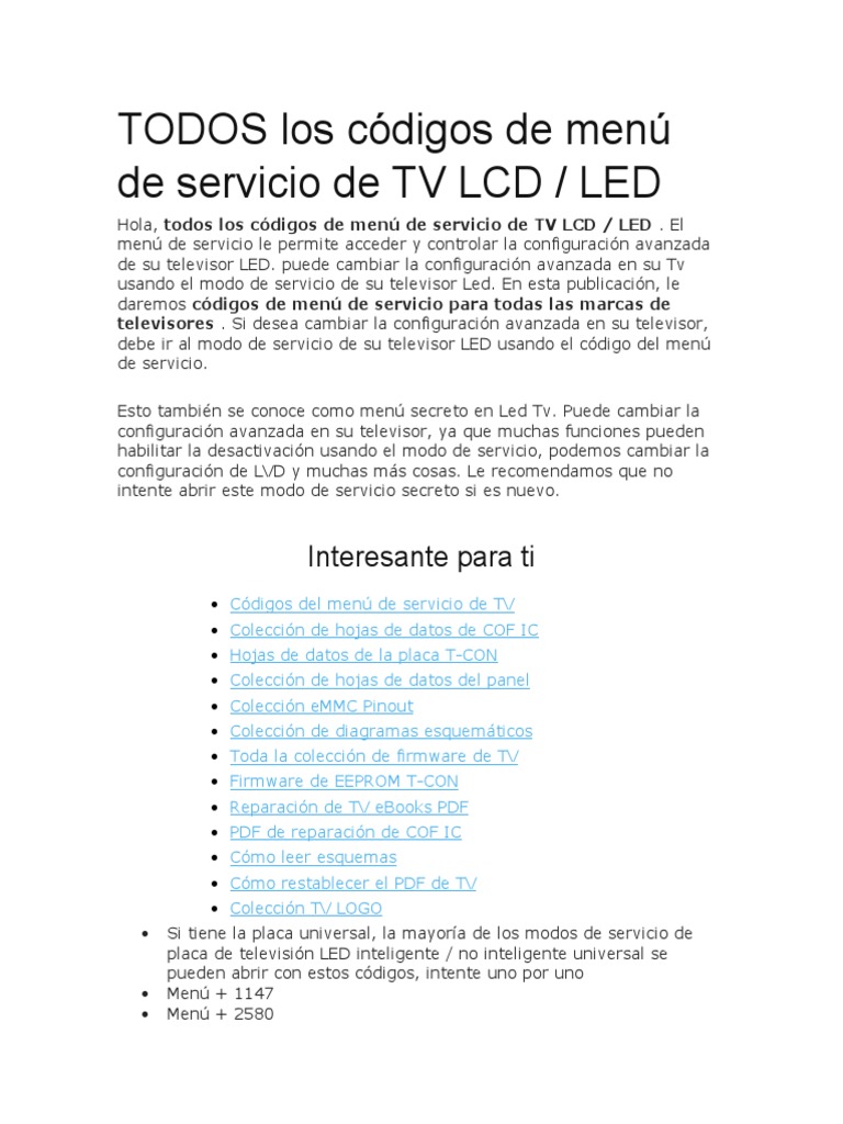 Códigos de Menú de Servicio de TV LCD | PDF | Bienes manufacturados ...