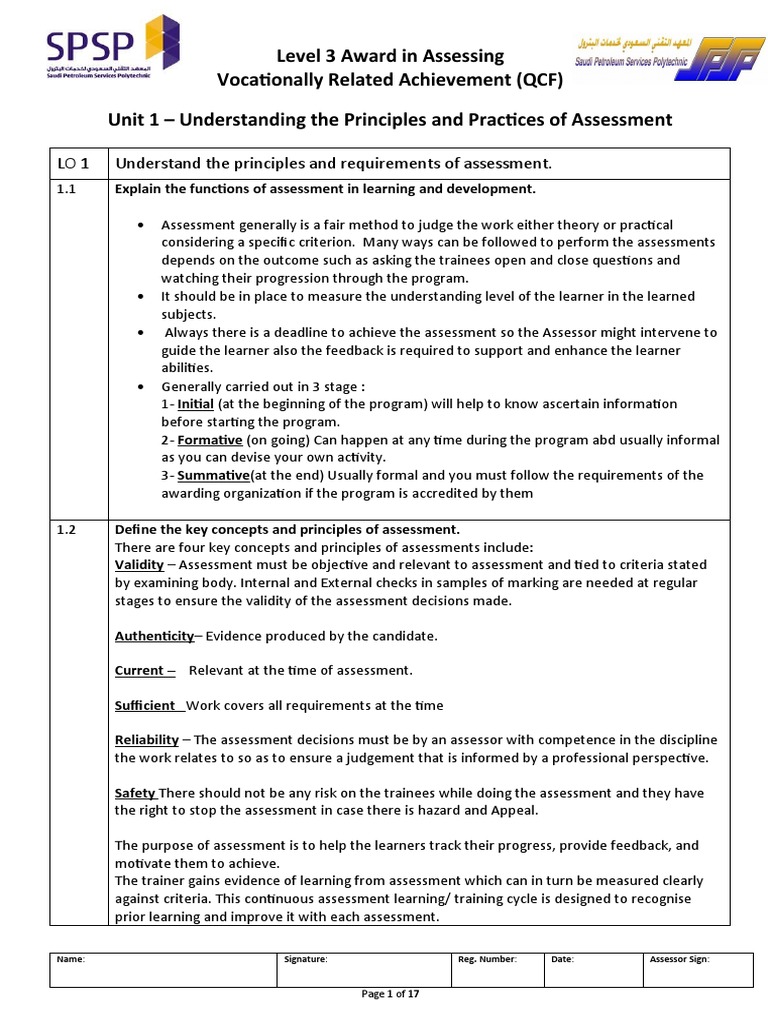 Level 3 Award in Assessing Vocationally Related Achievement (QCF) Unit ...