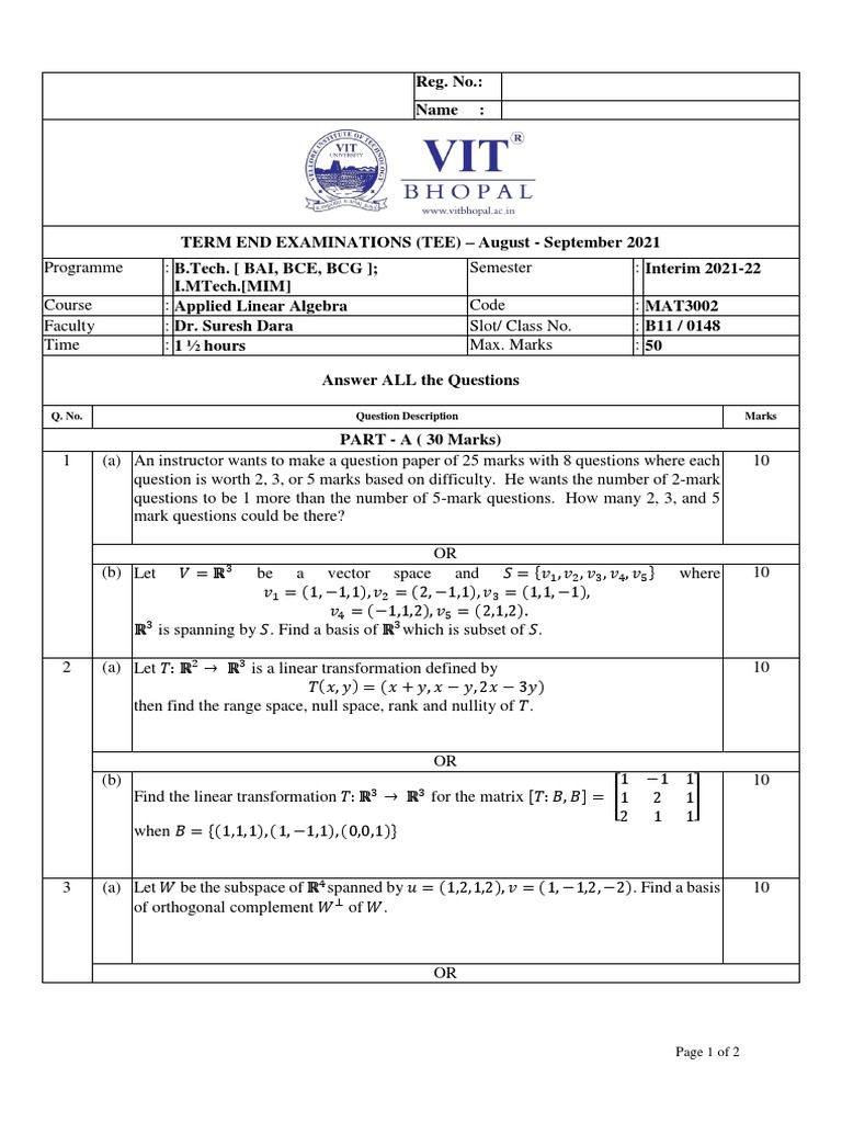 MAT3002 Applied Linear Algebra Interim 2021-22 TEE Question Paper ...