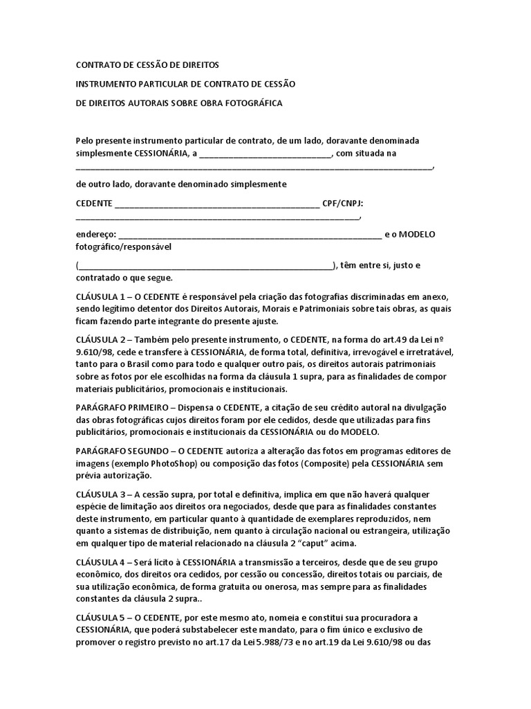 Contrato De Cessão De Direitos Pdf Direitos Autorais