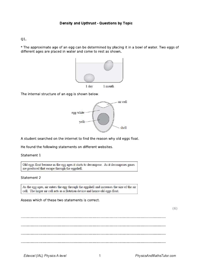 Density and Upthrust - Questions by Topic: Edexcel (IAL) Physics A ...