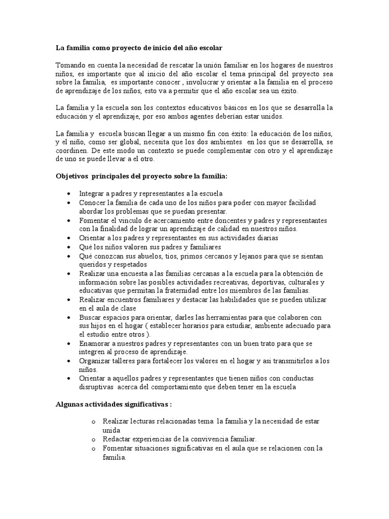 La Familia Como Proyecto de Inicio Del Año Escolar | PDF | Aprendizaje ...