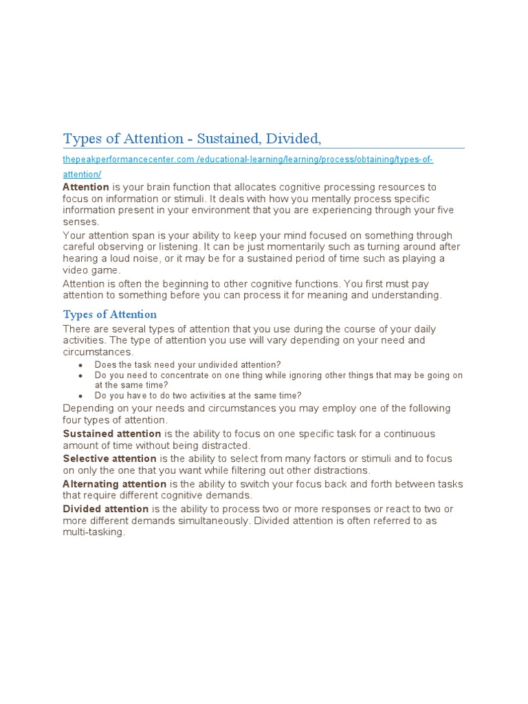 Types of Attention - Sustained, Divided | PDF | Attention ...