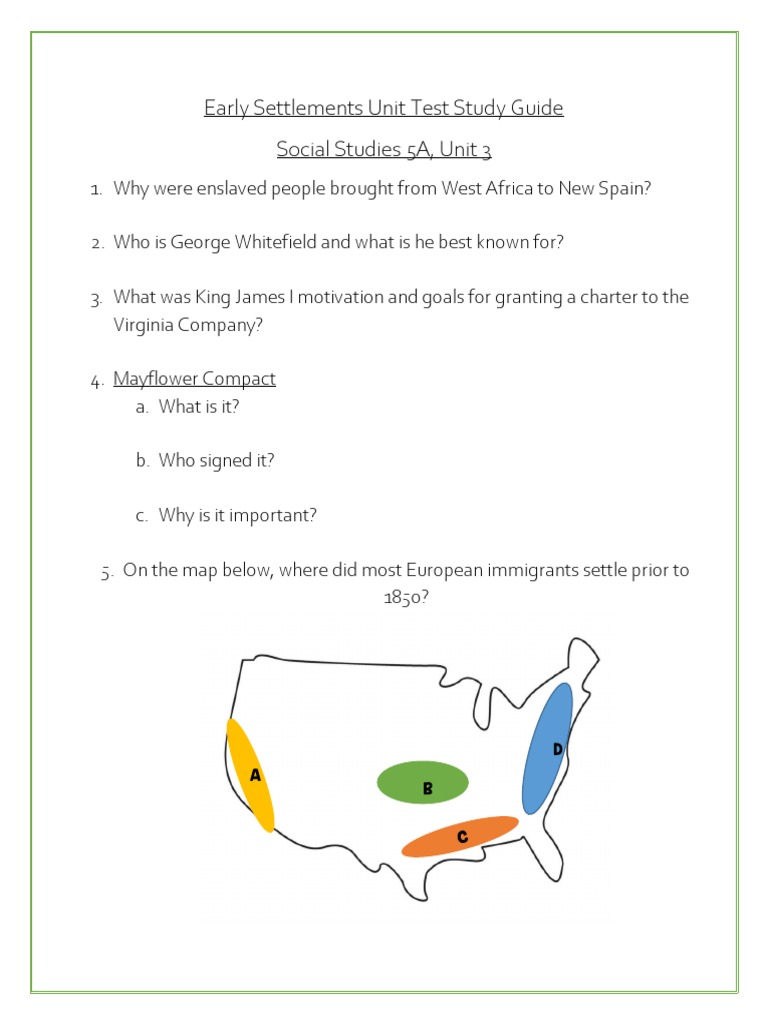 Early Settlements Unit Test Study Guide | PDF