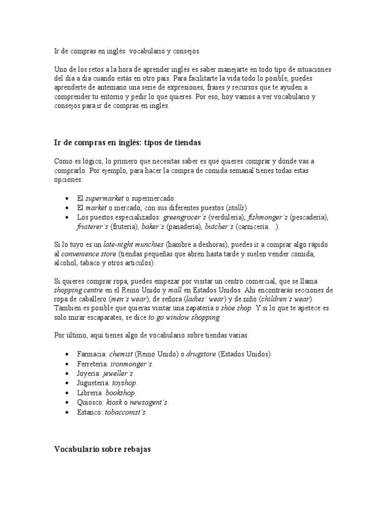 Vocabulario Precios y para Ir de Compras | PDF