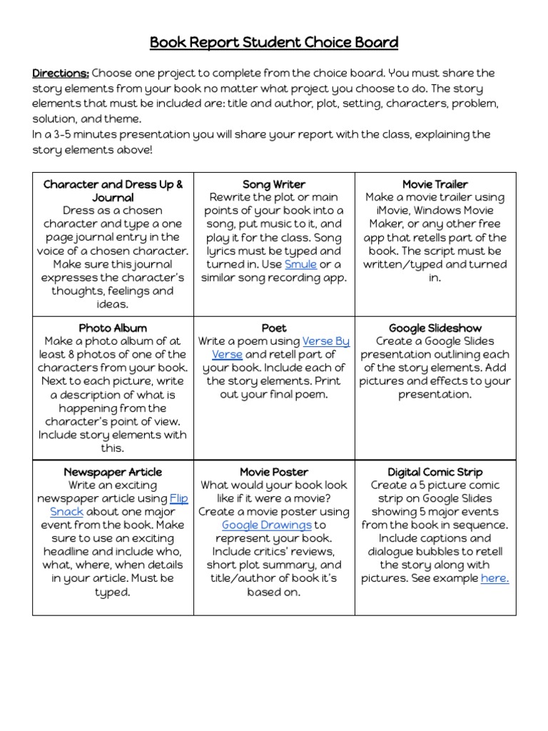 Book Report Project Choice Board | PDF | Books | Poetry