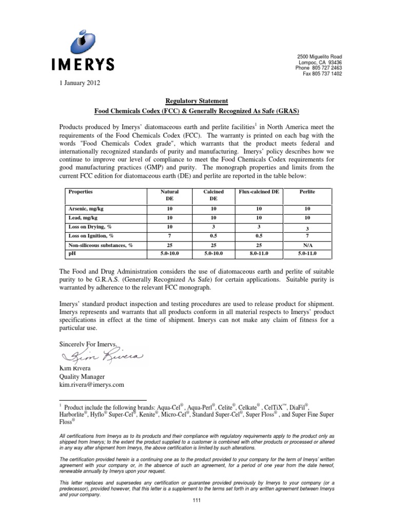 111 FCC Product Guarantee & GRAS - Regulatory Statement | PDF | Food ...