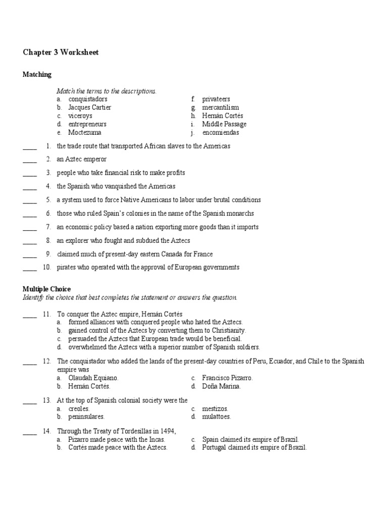 Chapter 3 Worksheet | PDF | Spanish Empire | Hernán Cortés