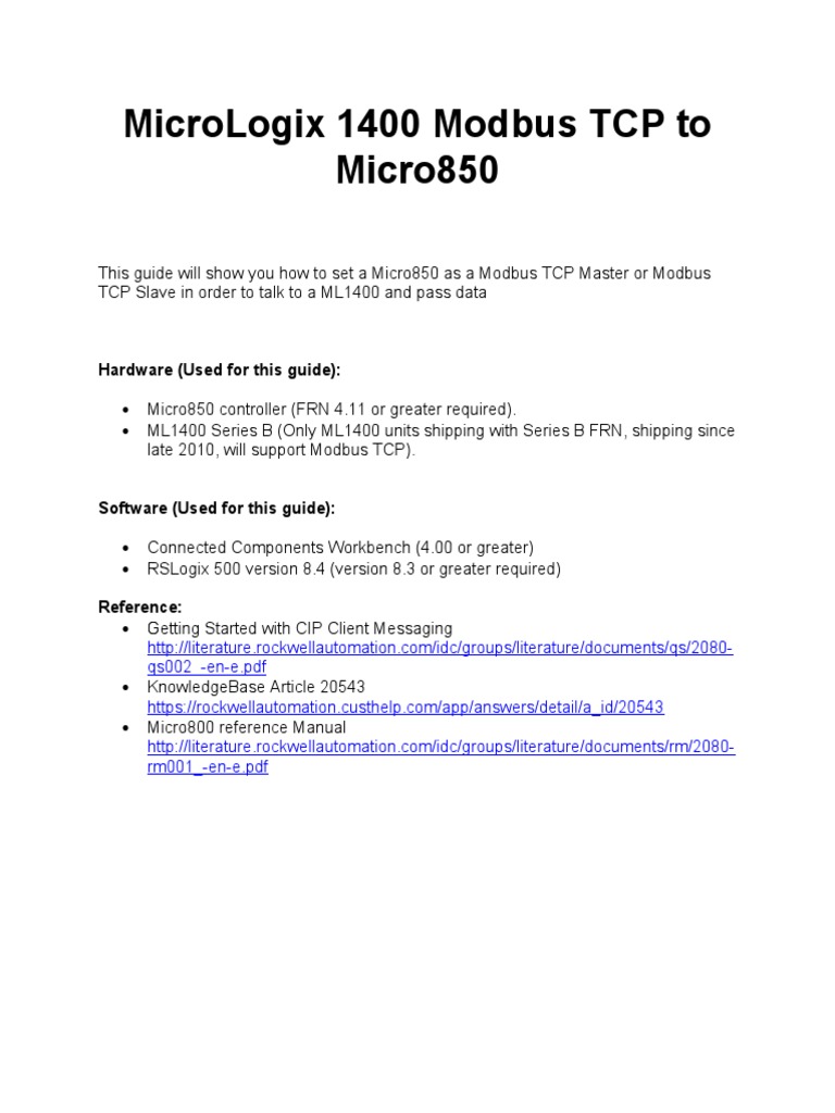 MicroLogix 1400 Modbus TCP To Micro850 | PDF | Transmission Control Protocol | Internet Protocols
