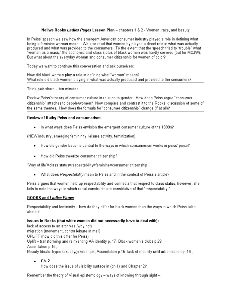 Noliwe Rooks Ladies Pages Lesson Plan - Chapters 1 & 2 - Women, Race ...