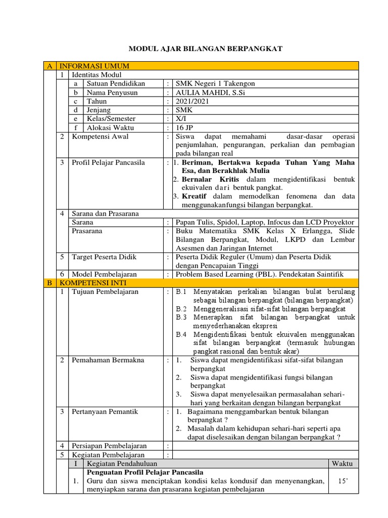Modul Ajar Bilangan Berpangkat | PDF