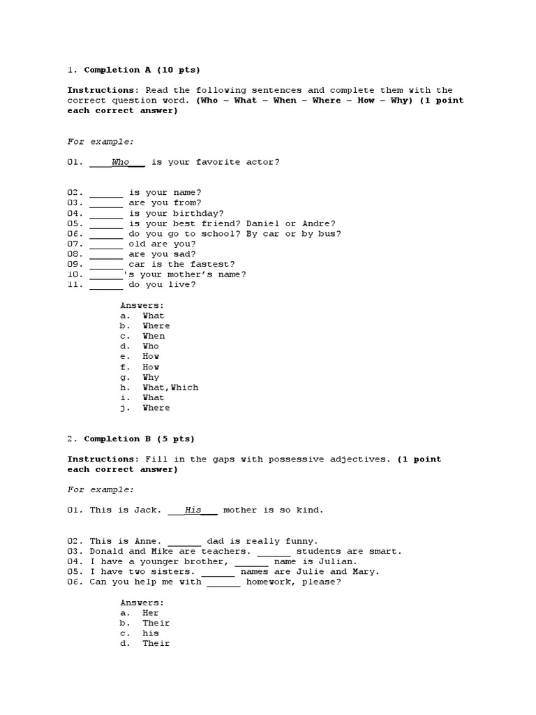 Instructions: Read The Following Sentences and Complete Them With The ...