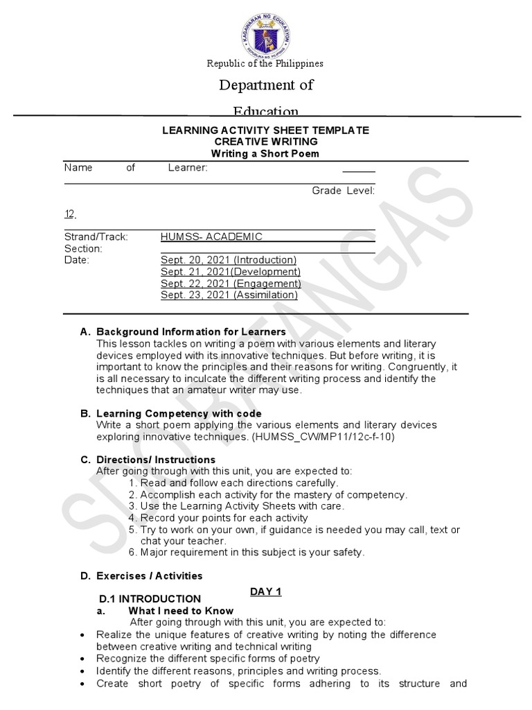 Department of Education: Learning Activity Sheet Template Creative ...