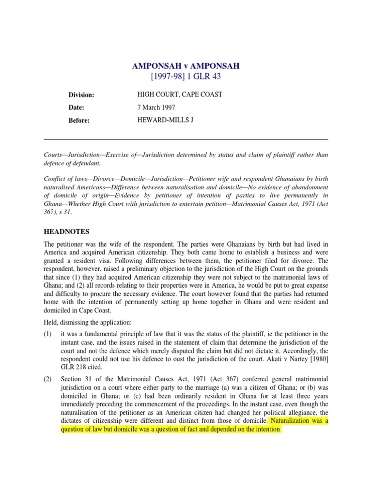 AMPONSAH V AMPONSAH | PDF | Domicile (Law) | Naturalization