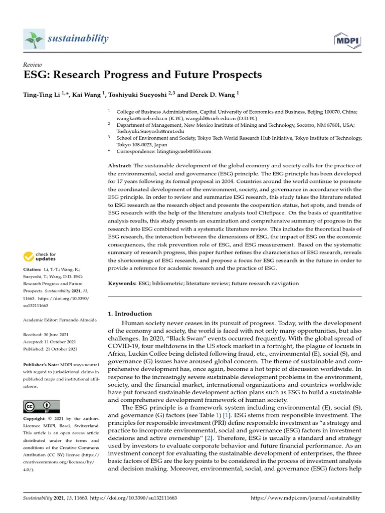 ESG: Research Progress and Future Prospects: Sustainability | PDF ...