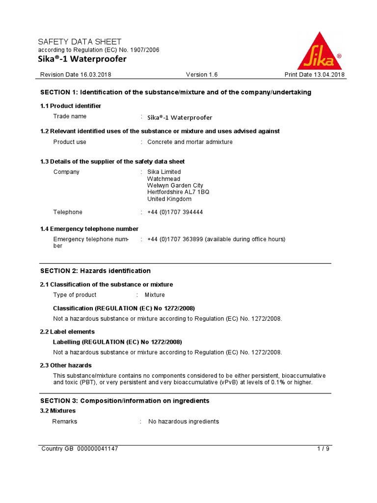 Sika®-1 Waterproofer: Safety Data Sheet | PDF | Toxicity | Dangerous Goods