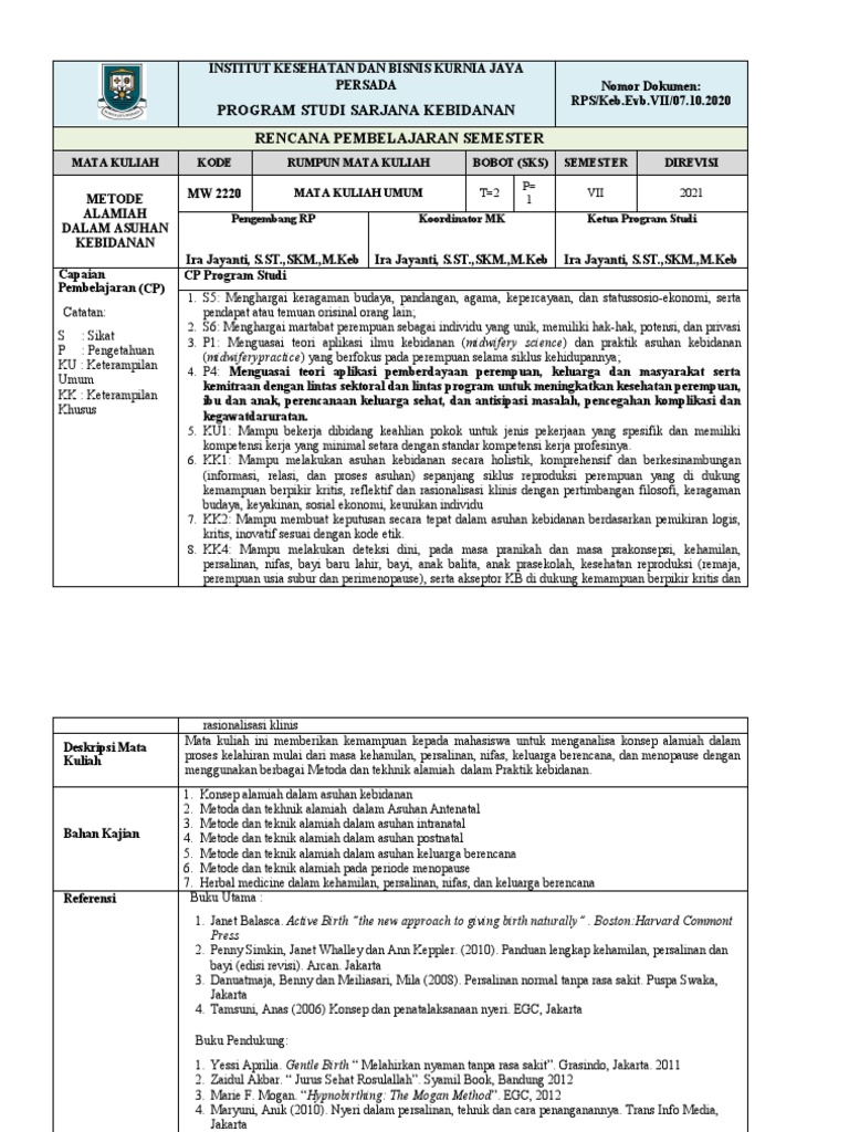 Contoh Dan Format RPS S1 Kebidanan - Edit | PDF