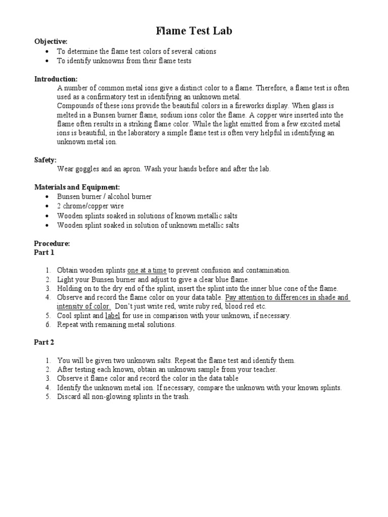 Flame Test Lab: Objective | PDF | Sets Of Chemical Elements | Metallic ...