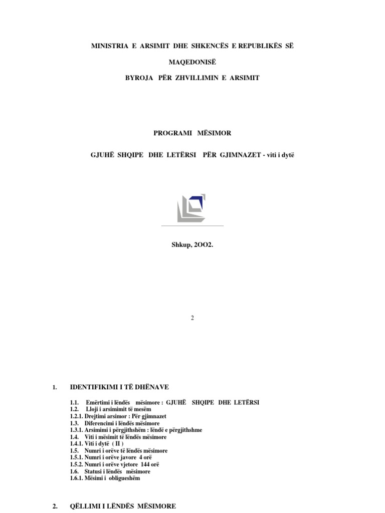 Nastavna Programa-Albanski Jazik I literatura-II GO-alb | PDF