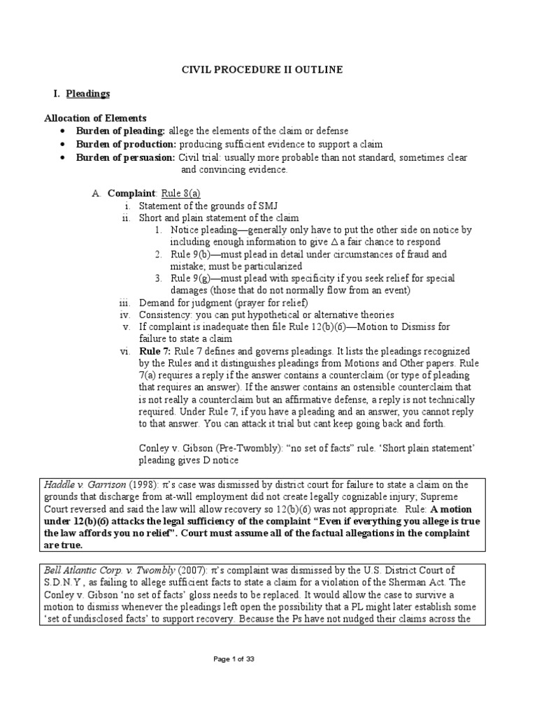 Civ Pro II Outline | PDF | Pleading | Federal Rules Of Civil Procedure