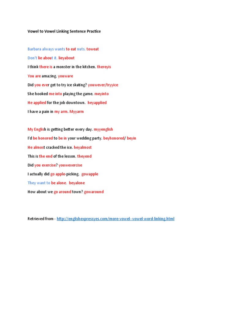 Practicing Vowel-to-Vowel Linking Through Example Sentences | PDF