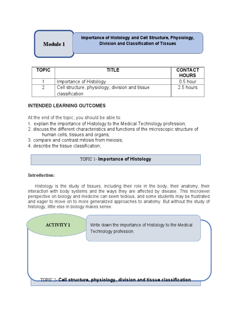 Histology Module 1 Lecture | PDF | Mitosis | Meiosis