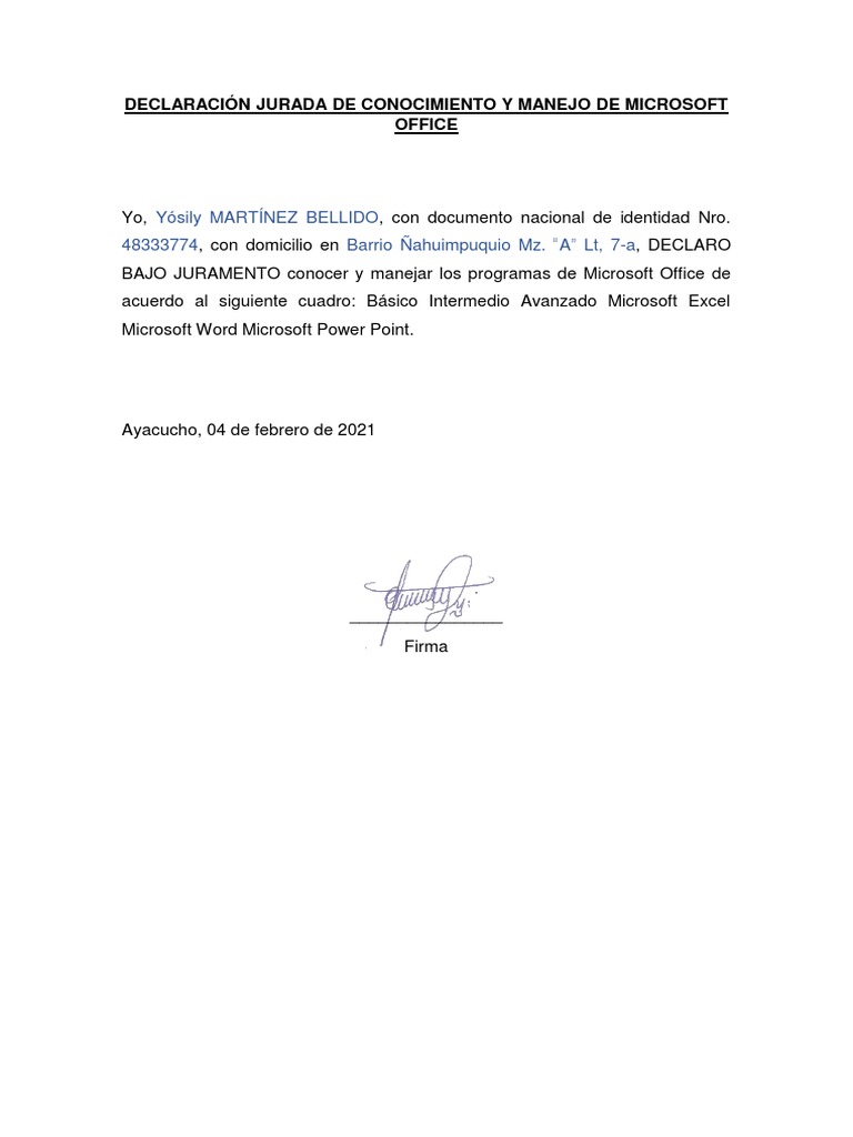 Declaracion Jurada de Manejo de Microsoft Office | PDF