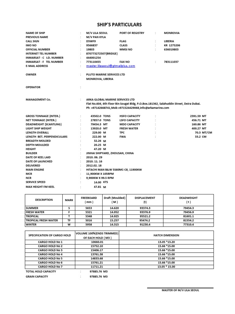 LILA SEOUL-Ship Particulars (110218) | PDF | Tonnage | Ships