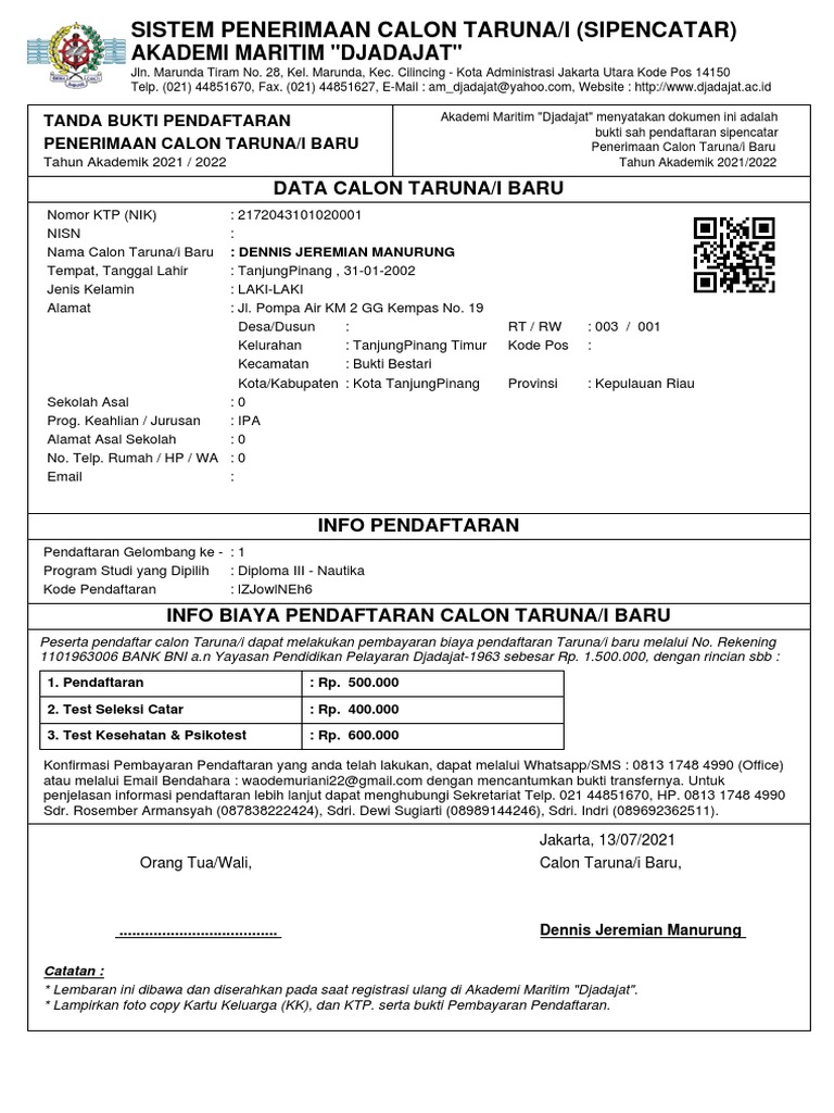 Pendaftaran Calon Taruna Akademi Djadajat | PDF