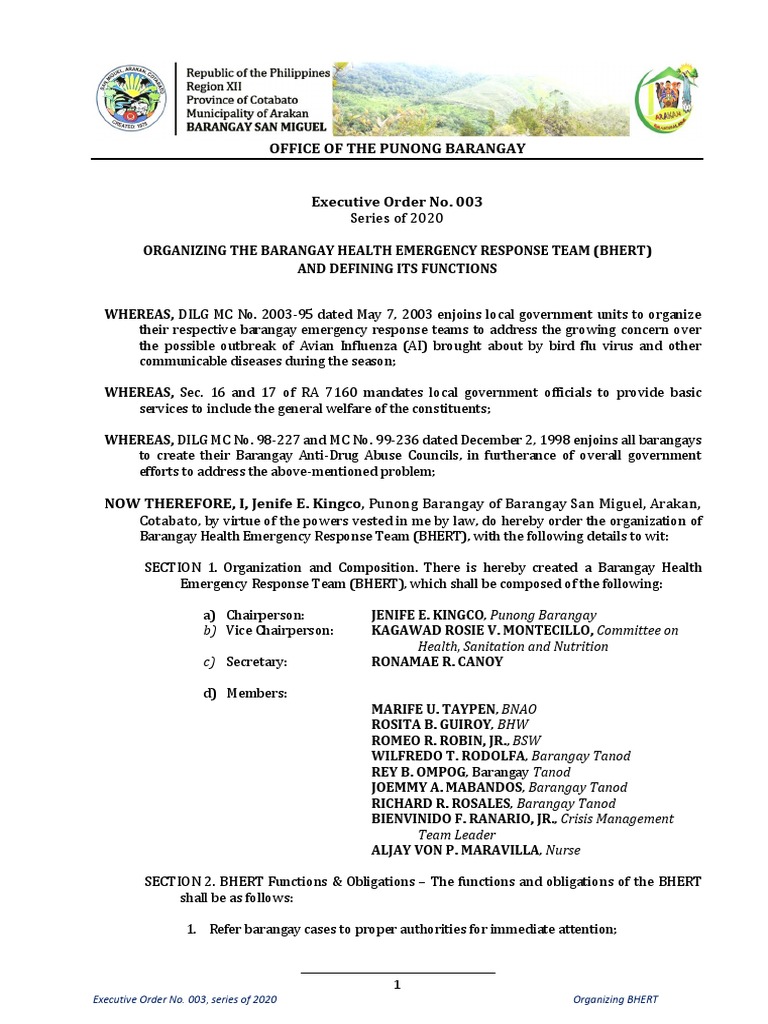 EO No. 3, S-2020, Creating BHERT | Download Free PDF | Medical ...