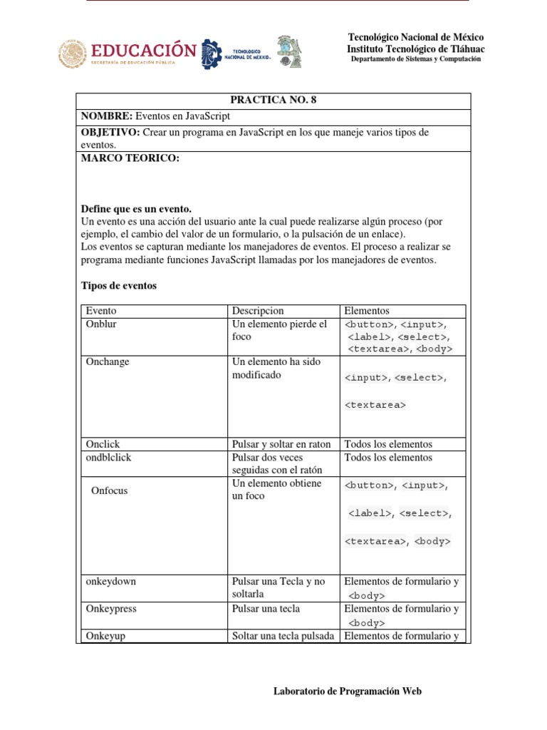 Practica 8. - Eventos en Javascript 3ra. Eva | PDF | Script Java | Edad de información