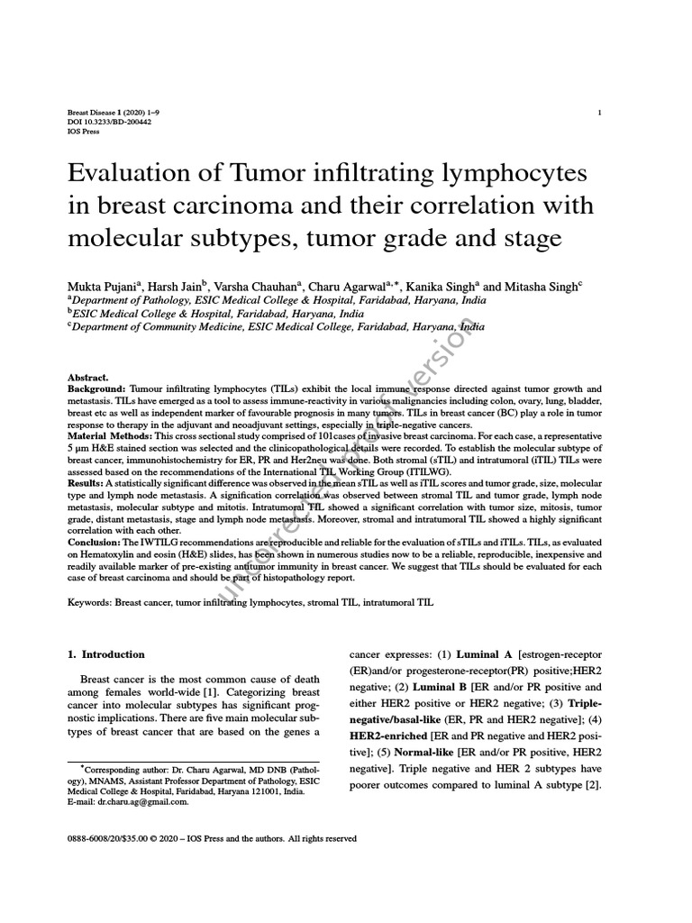 Evaluation of TILs Molecular Grade Stage | PDF | Metastasis | Breast Cancer