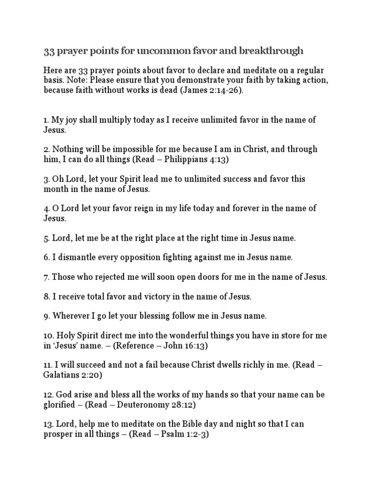 33 Prayer Points For Uncommon Favor and Breakthrough | PDF | Jesus | Prayer