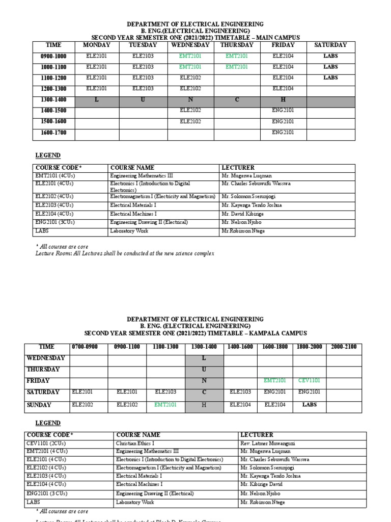 Electrical Engineering Teaching Time Table - Semester One 2021-2022 ...