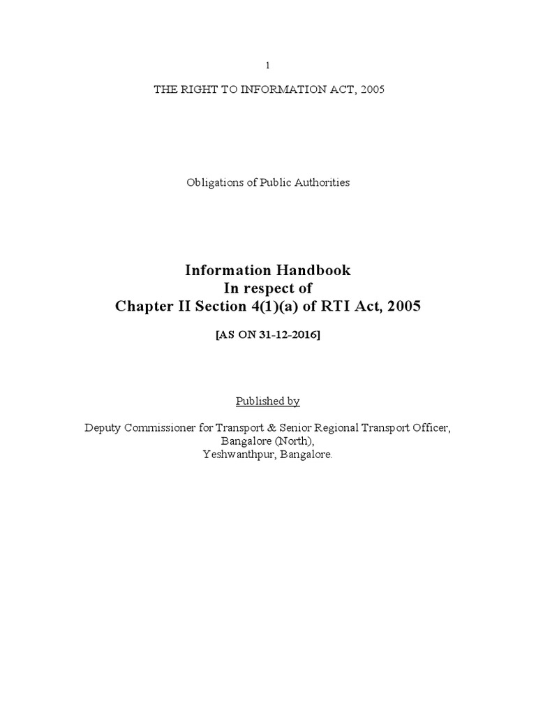 Information Handbook in Respect of Chapter II Section 4 (1) (A) of RTI Act, 2005 | PDF ...