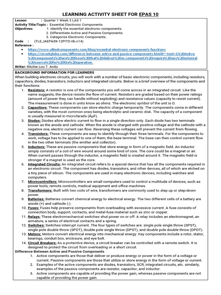 Learning Activity Sheet For Epas 10: Difference Between Active and Passive Components | PDF ...