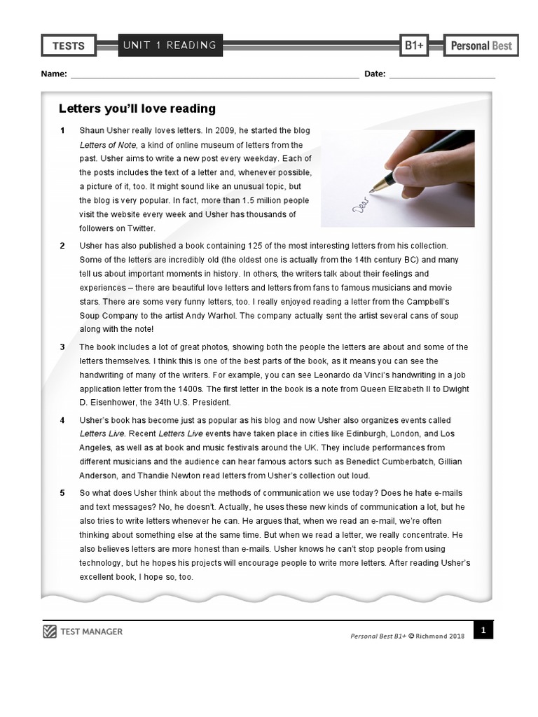Personal Best B1+ Unit 1 Reading Test | PDF | Communication