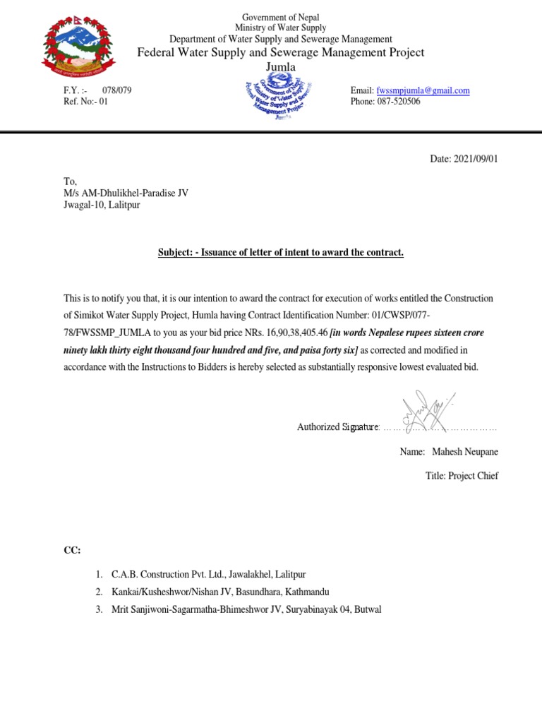 Nepal issues letter of intent for water project | PDF