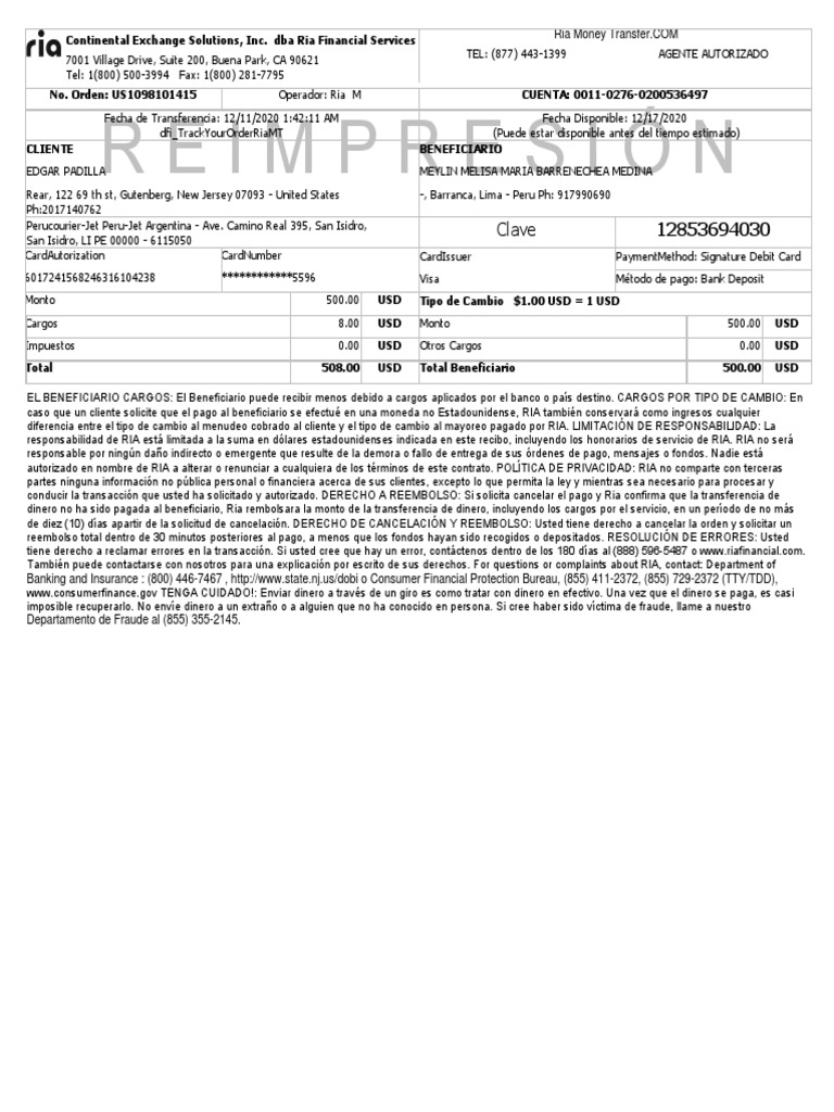 Ria Order Receipt US1098101415 | PDF | Servicios financieros | Mercado ...