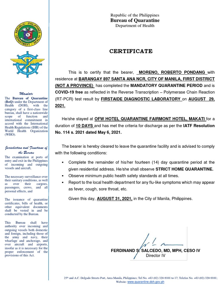 Certificate of Completion of Mandatory Quarantine and COVID-19 ...