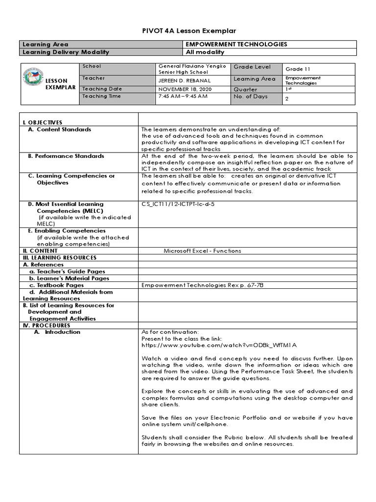 PIVOT 4A Lesson Exemplar: Learning Area Empowerment Technologies ...